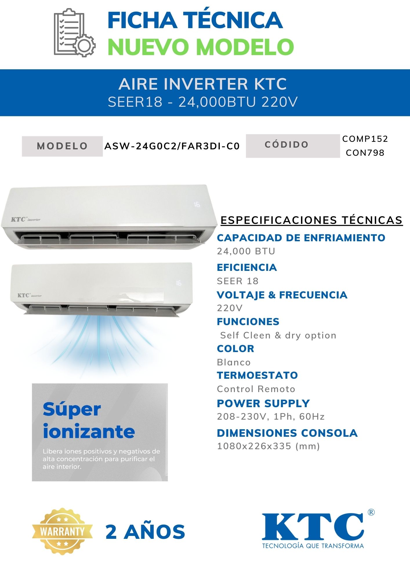ACONDICIONADOR DE AIRE KTC SPLIT INVERTER SEER18 24,000BTU 220V (ASW-24G0C2/FAR3DI-C0) (2YW ...